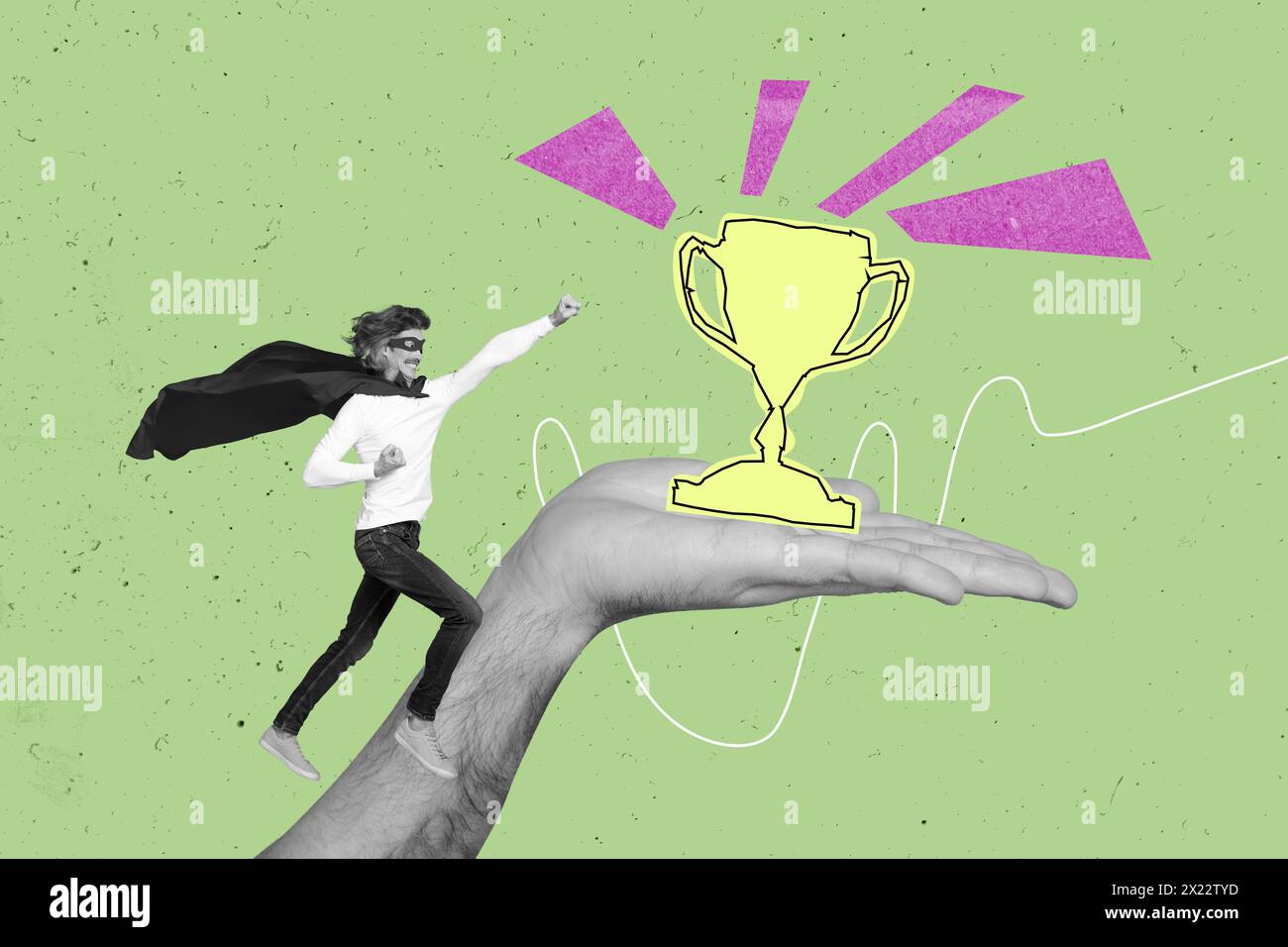 Creative collage picture young ambitious man superhero achieve goal ...