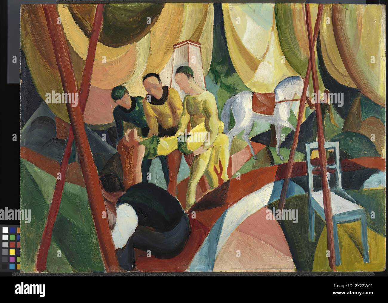 Circus, 1913. Three acrobats attend to a female rider who has had an ...