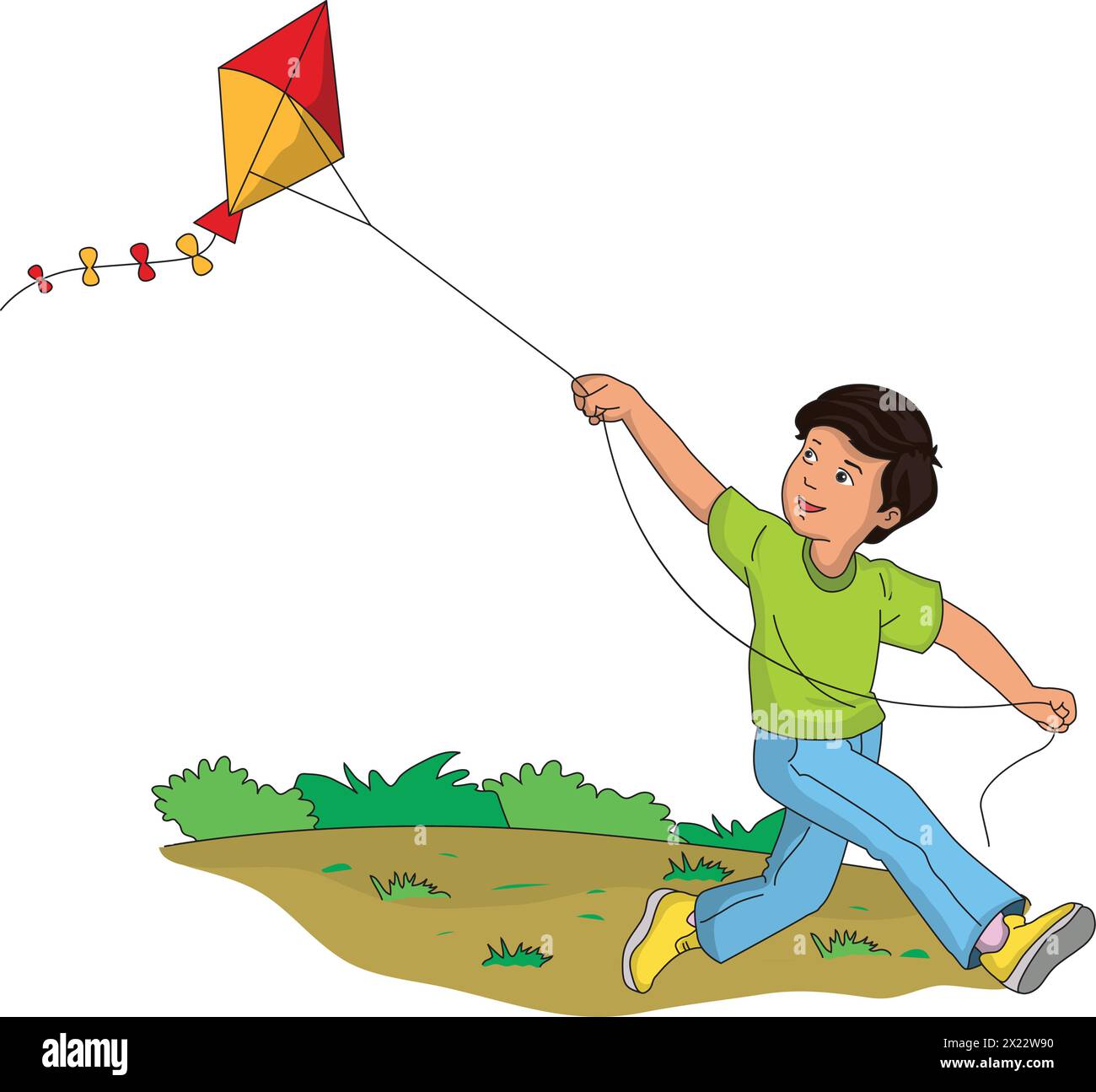 Vector front view of boy flying kite vector illustration Stock Vector ...