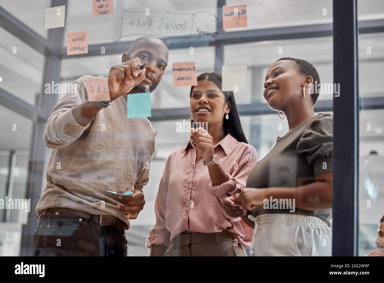 Creative people, coach and writing with glass board for planning, notes ...