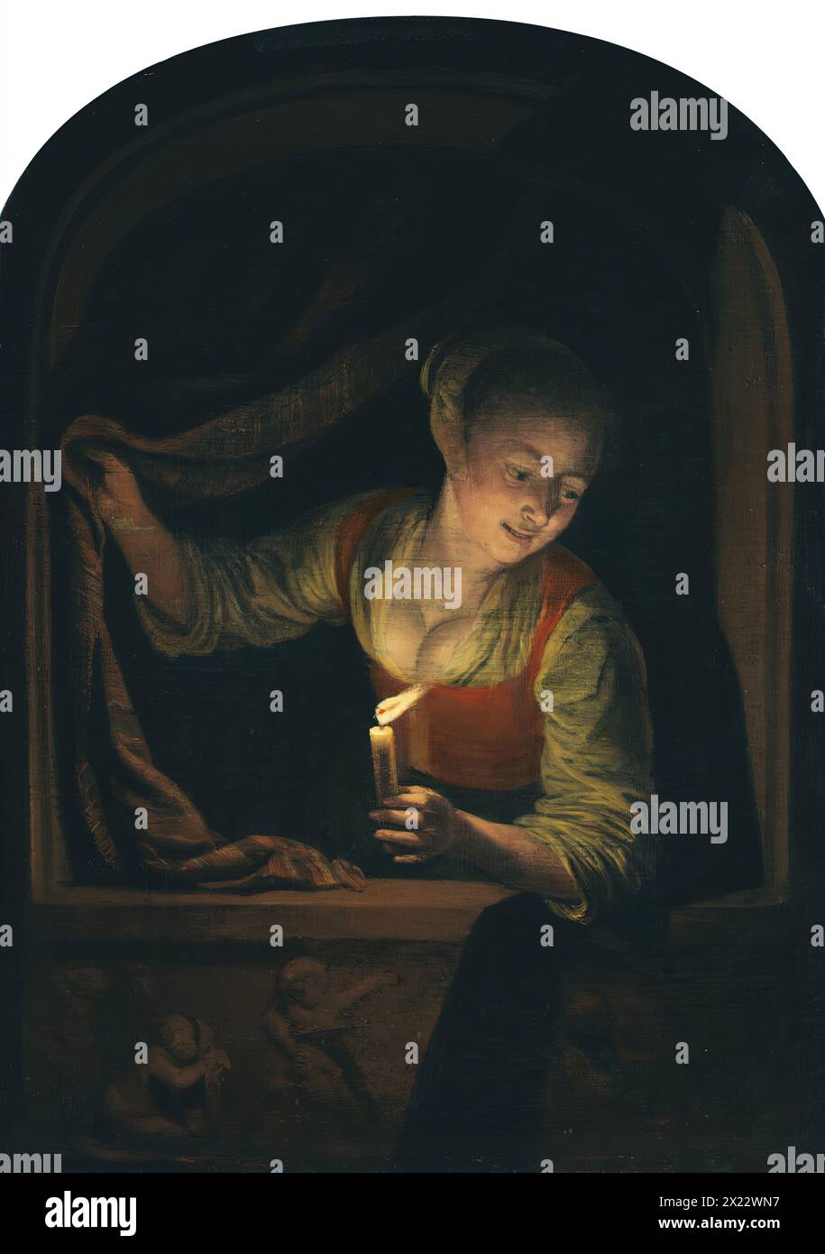 Young woman with a lighted candle at a window hi-res stock photography ...