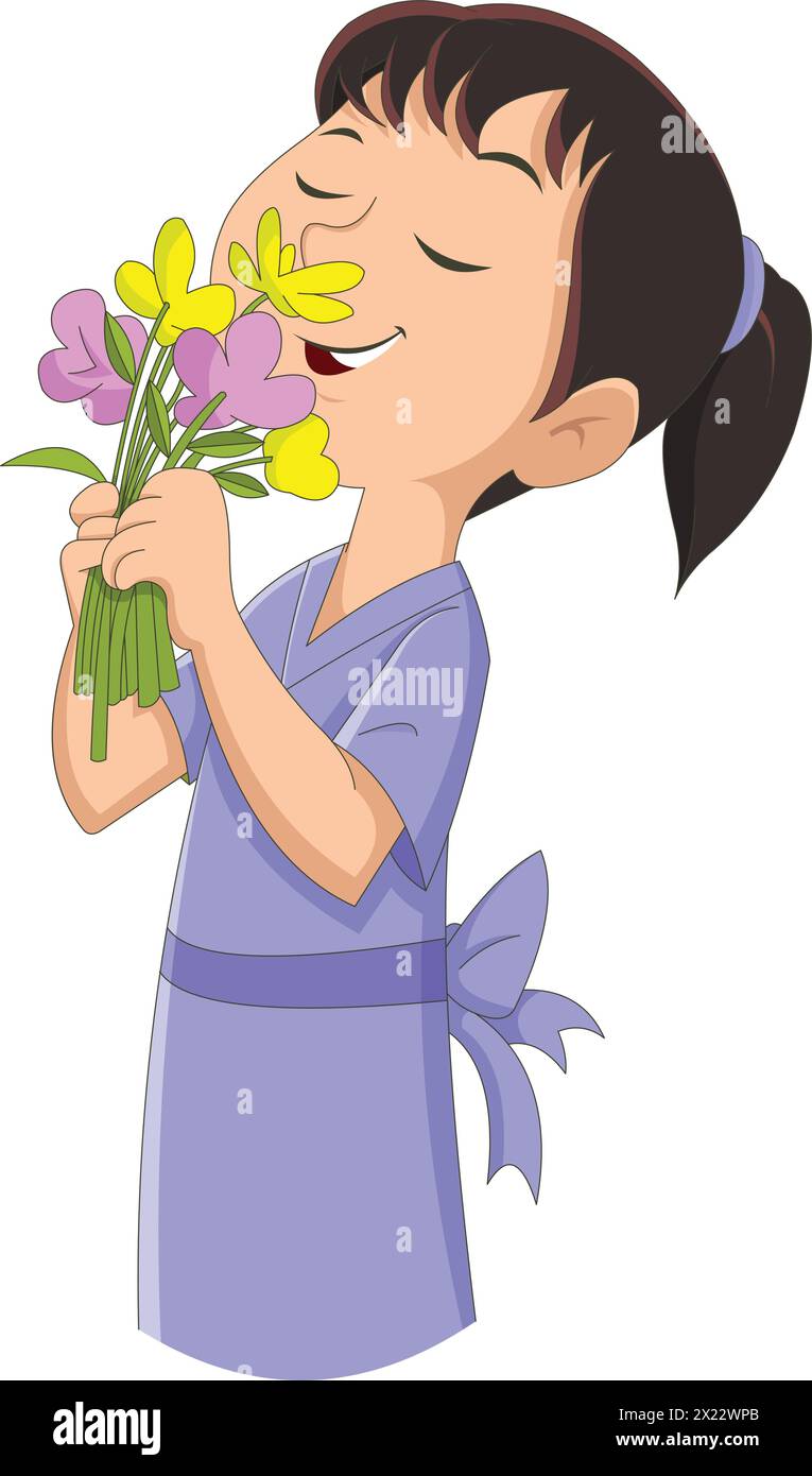 Vector little girl smiling and smelling flowers vector illustration ...