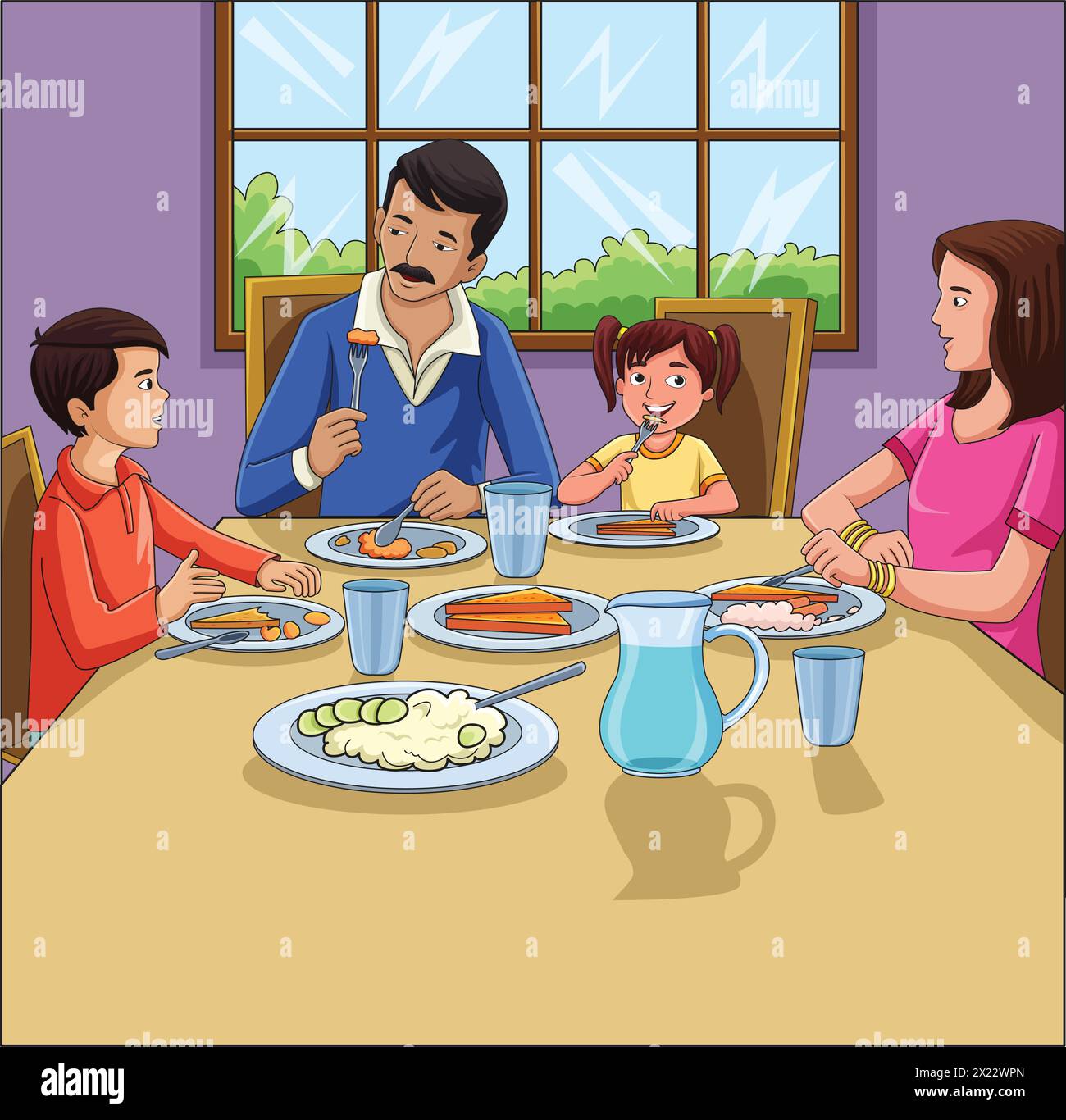 Vector mother and father having dinner with their kids vector illustration Stock Vector Image ...