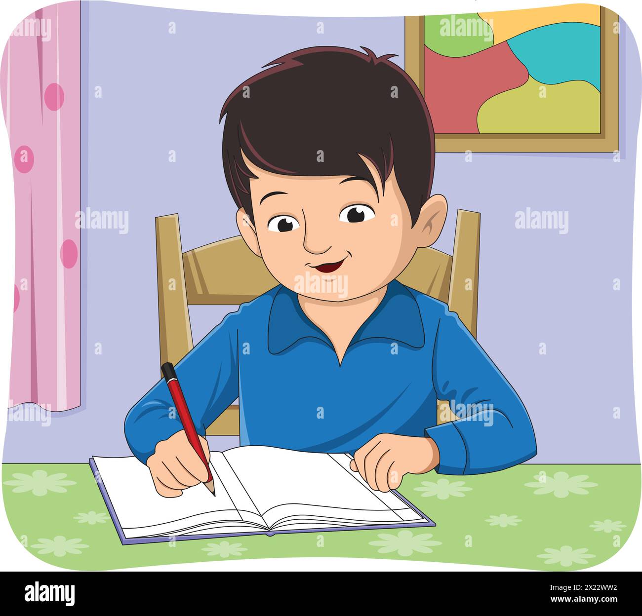 Vector little boy writing on his notebook with a pencil in his hand ...