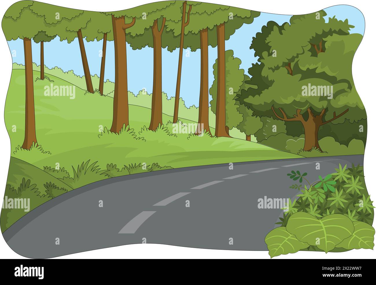 Vector road with lush green trees on both sides vector illustration ...