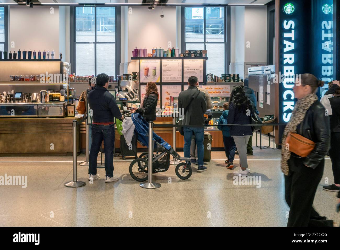 A branch of Starbucks in the Moynihan Train Hall at Penn Station in New ...