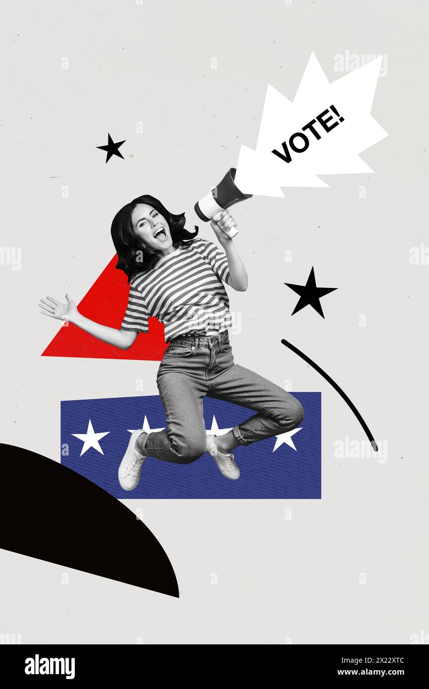 Vertical collage picture young energetic girl shouting loudspeaker ...