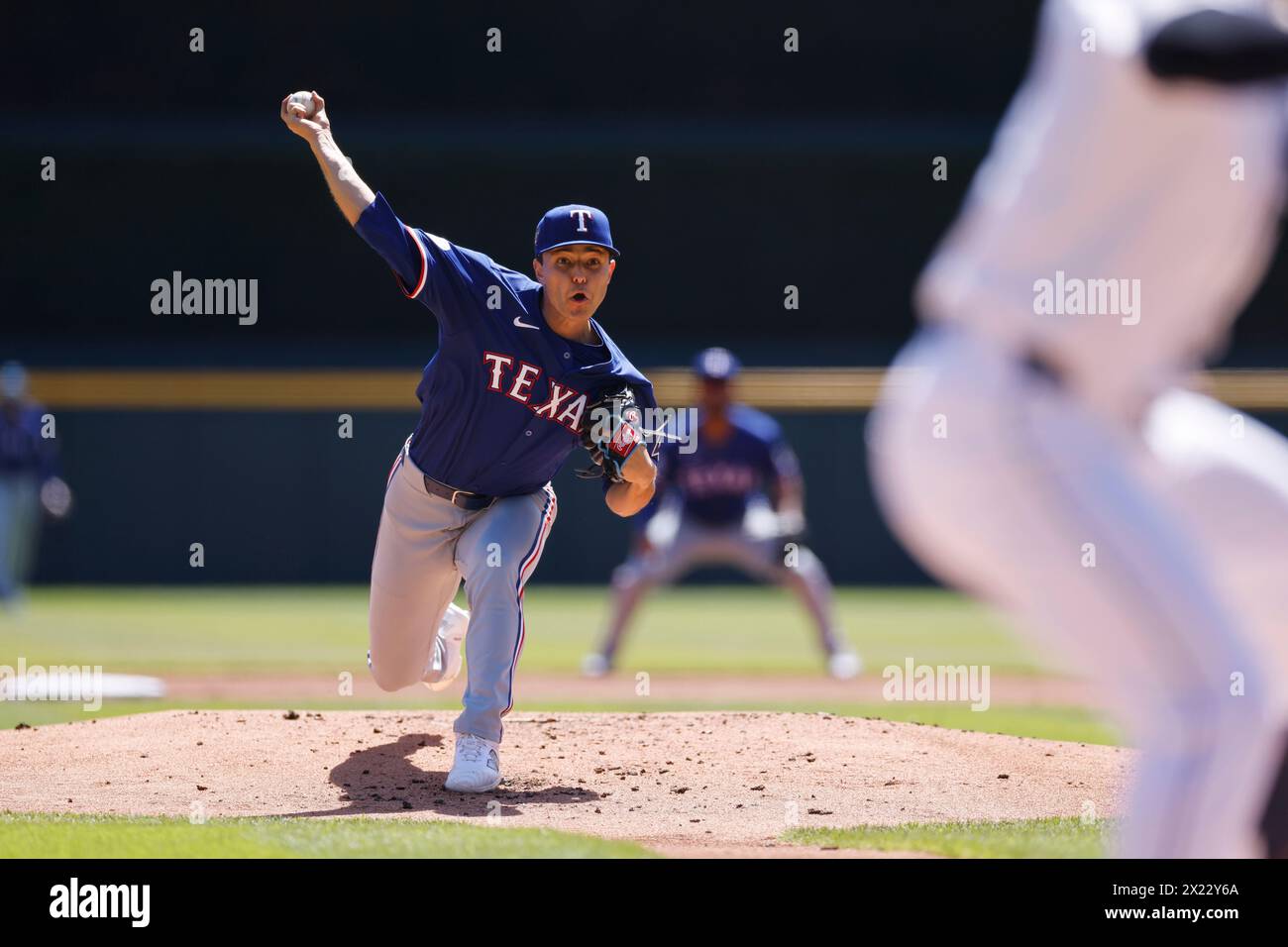 DETROIT, MI - APRIL 18: Texas Rangers pitcher Jack Leiter (35) pitches ...