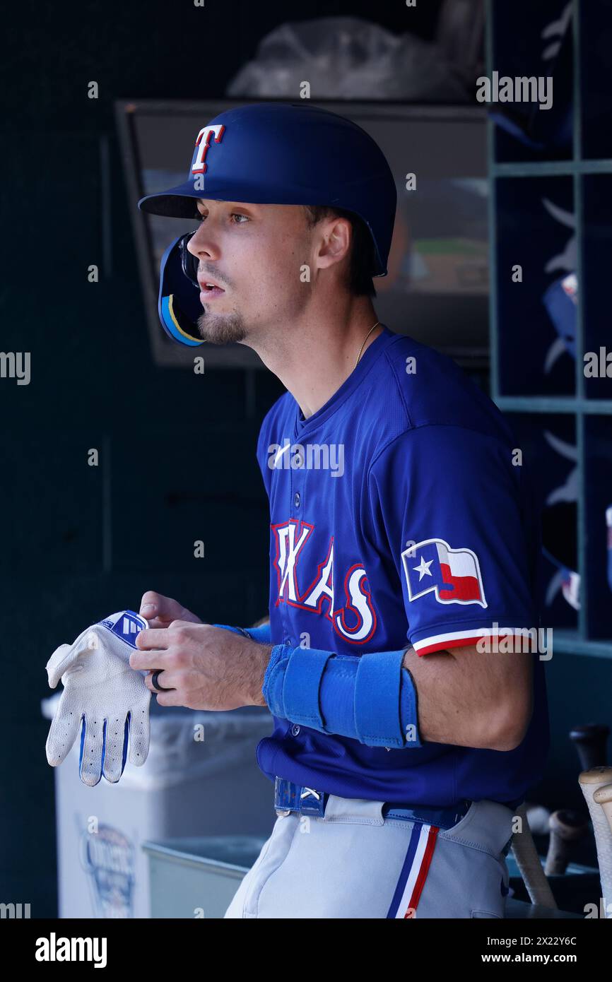DETROIT, MI - APRIL 18: Texas Rangers outfielder Evan Carter (32) looks on in the dugout during ...