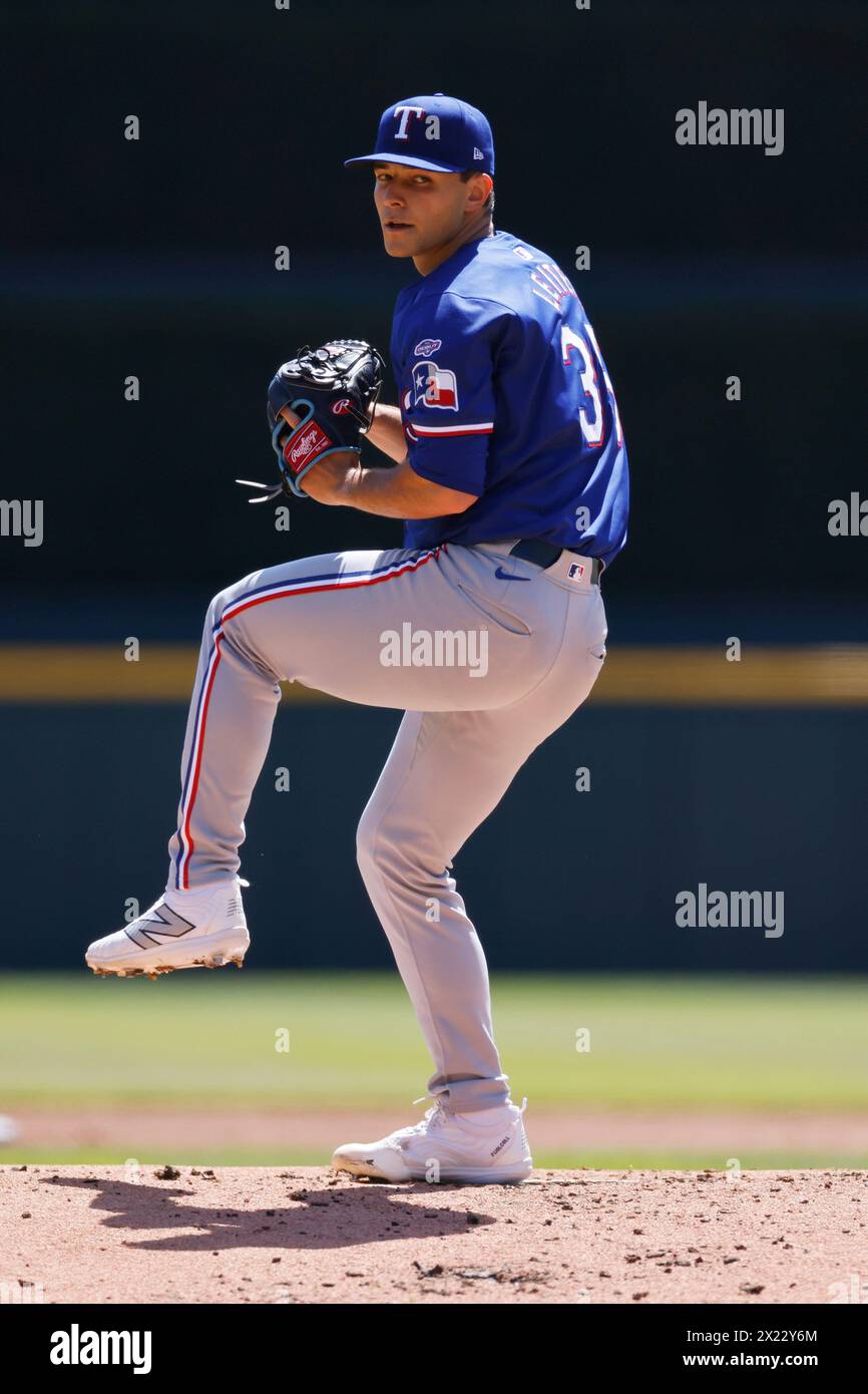 DETROIT, MI - APRIL 18: Texas Rangers pitcher Jack Leiter (35) pitches ...