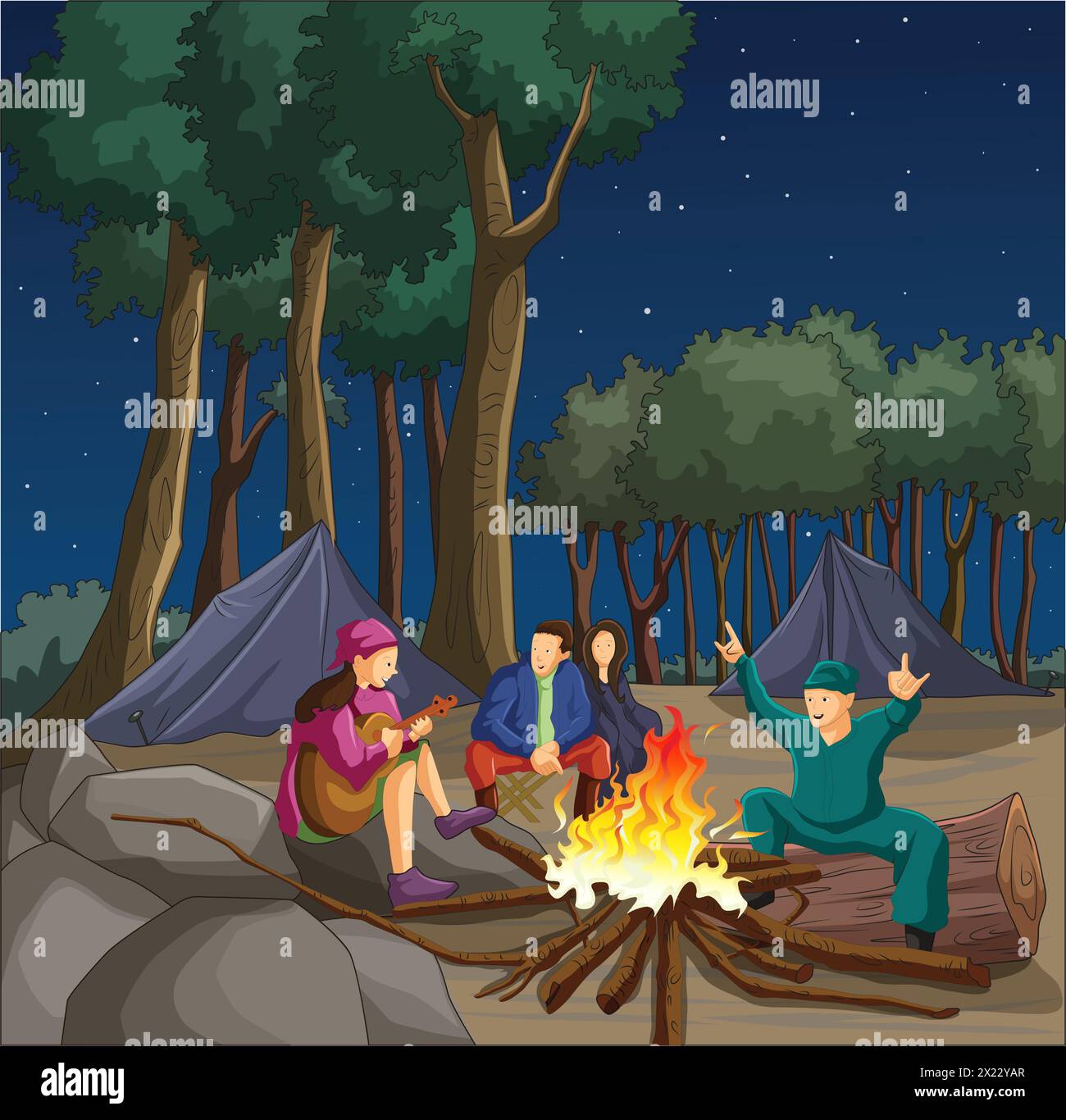 Vector illustration showing people enjoying the campfire with trees in ...
