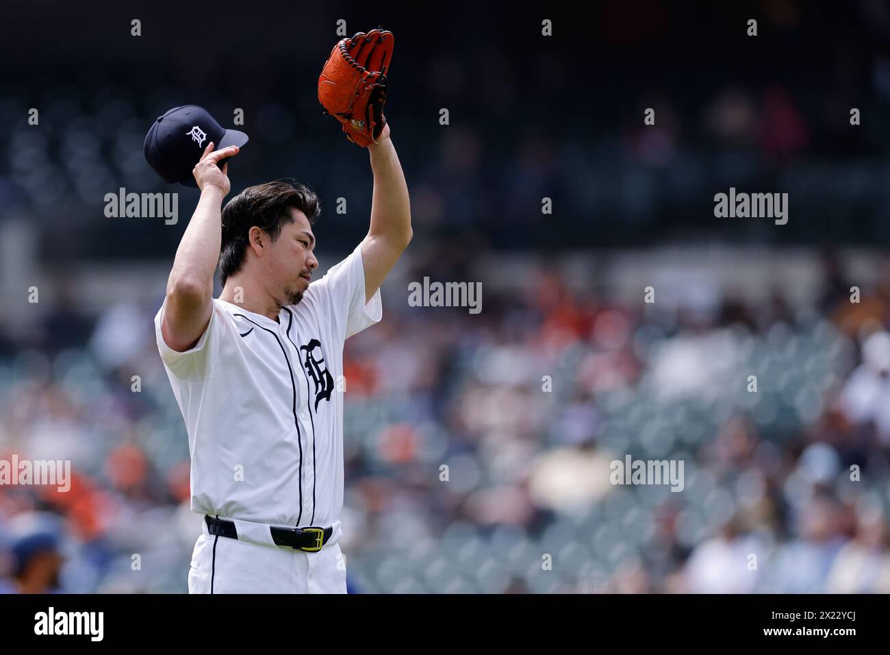 DETROIT, MI - APRIL 18: Detroit Tigers pitcher Kenta Maeda (18) reacts ...