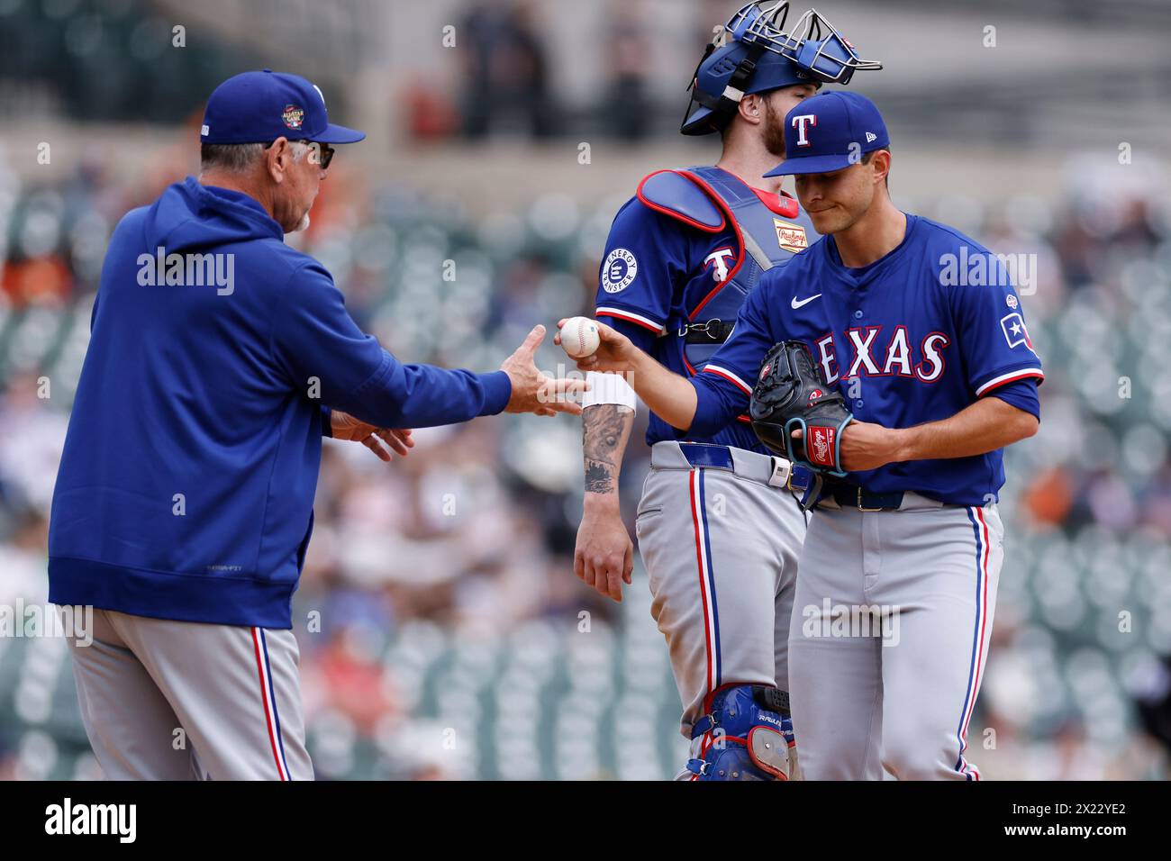 DETROIT, MI - APRIL 18: Texas Rangers pitcher Jack Leiter (35) hands ...
