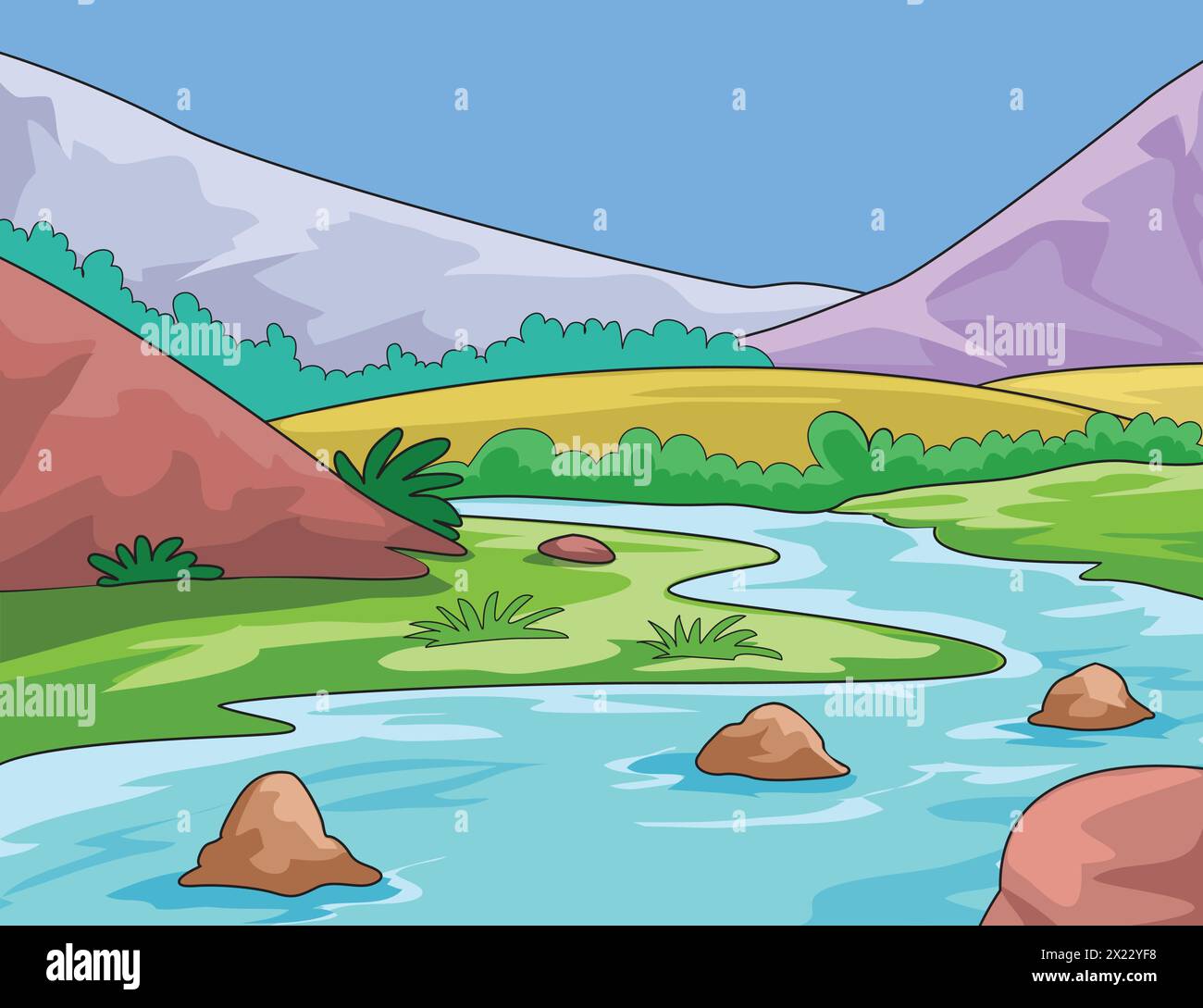 Vector vector illustration showing a stream of water, stones, grass and ...