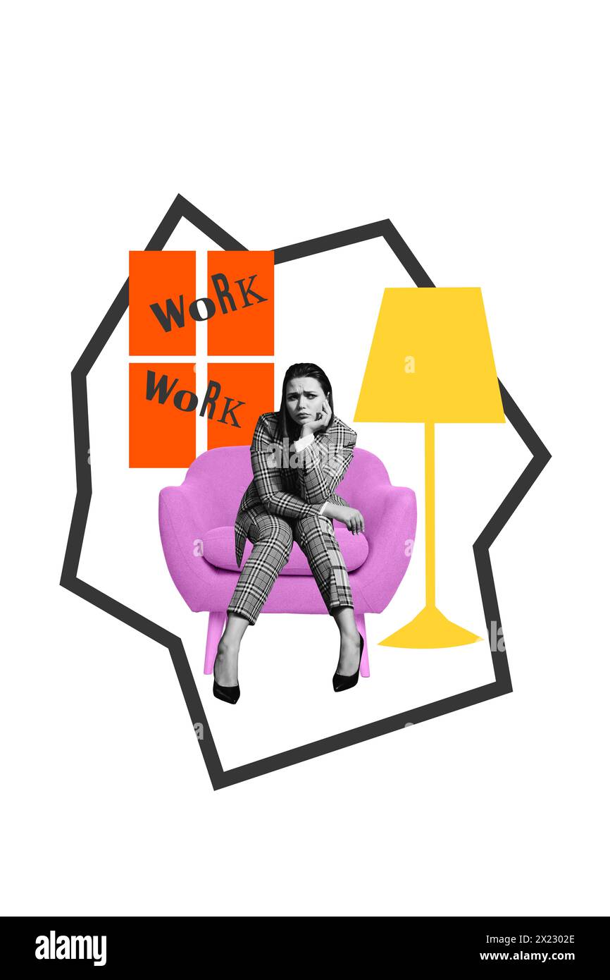 Vertical image photo collage sitting bored thoughtful young ...