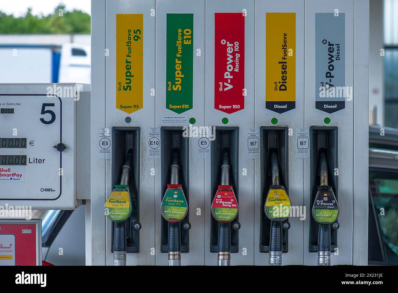 Five fuel offers at a petrol pump at a motorway service station ...