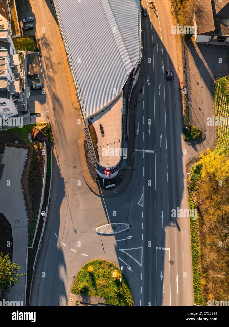 Bird's eye view of overpass and intersecting roads, with traffic and ...