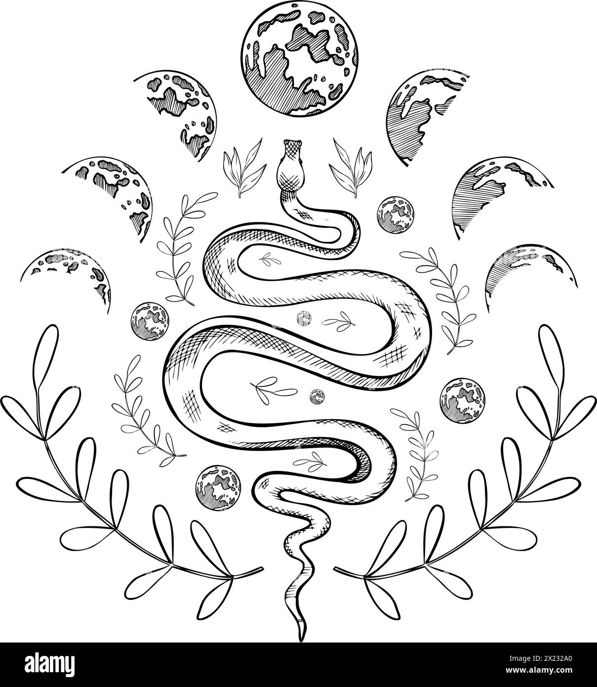 Snake and magic Symbols vector illustration. Drawing of serpent and ...