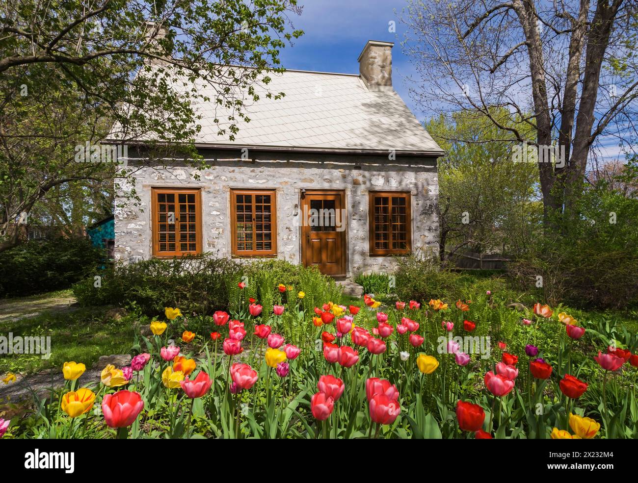 Old circa 1750 Canadiana style fieldstone house facade with brown ...