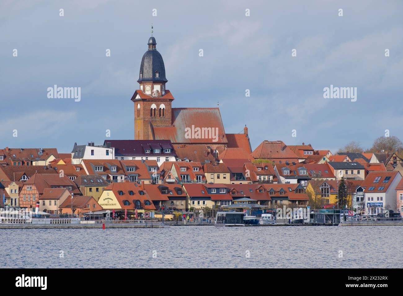 Town view Waren with church St. Marien and harbour, Mueritzsee, Waren ...
