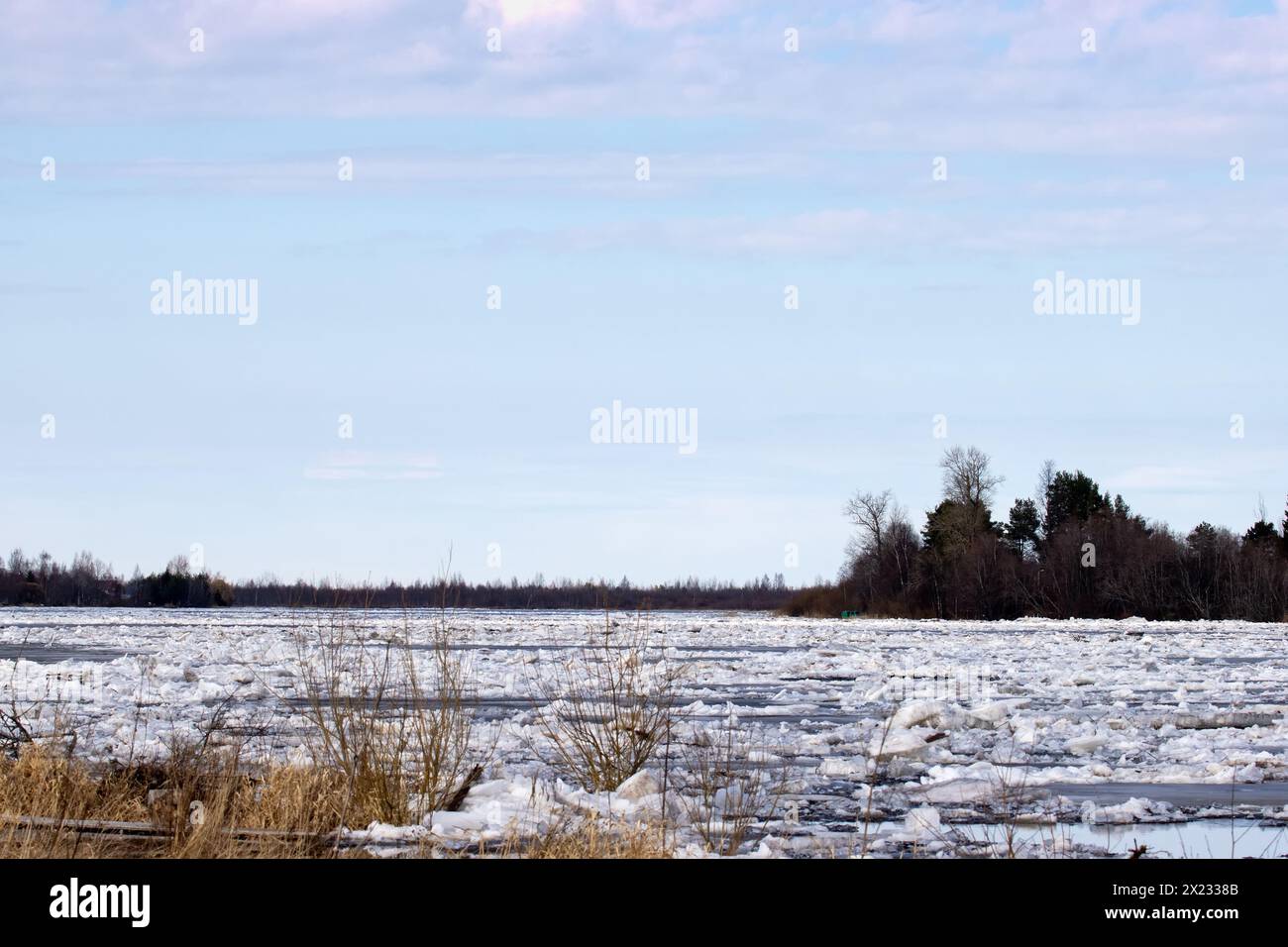 A landscape of an ice drift (ice-boom, debacle) on the northern river ...