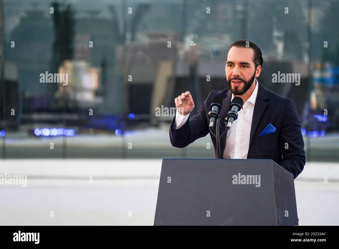 Salvadoran President Nayib Bukele speaks during the launch of Google¥s ...
