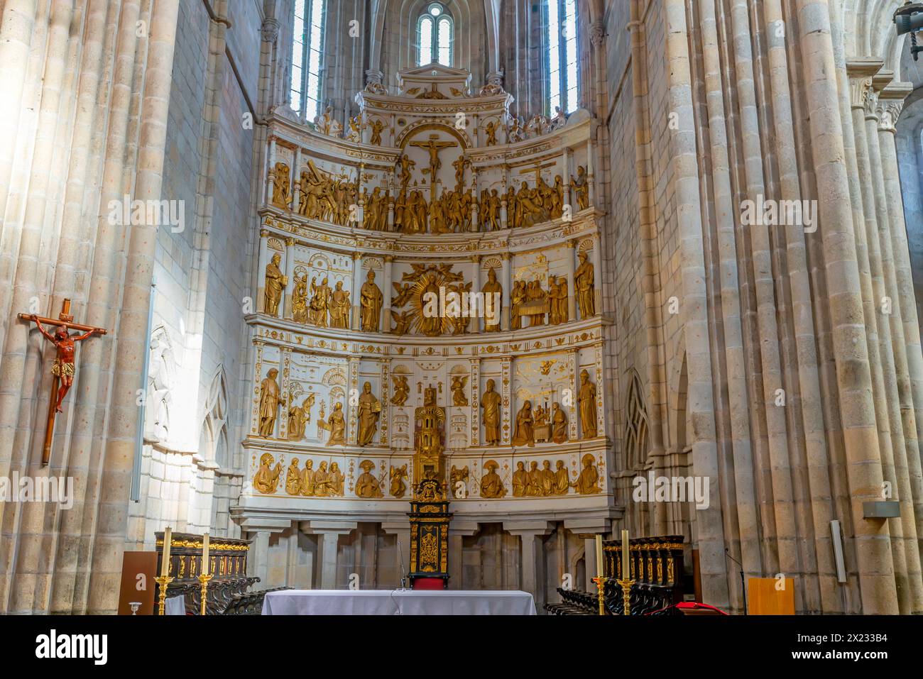 Interior of Guarda Cathedral, Portugal. The magnificent main altar is ...