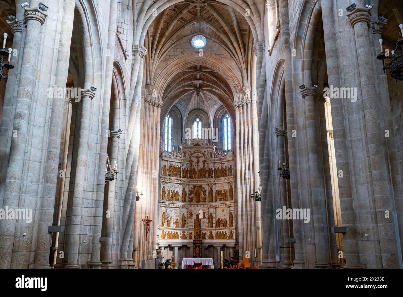 Interior of Guarda Cathedral, Portugal. The magnificent main altar is ...