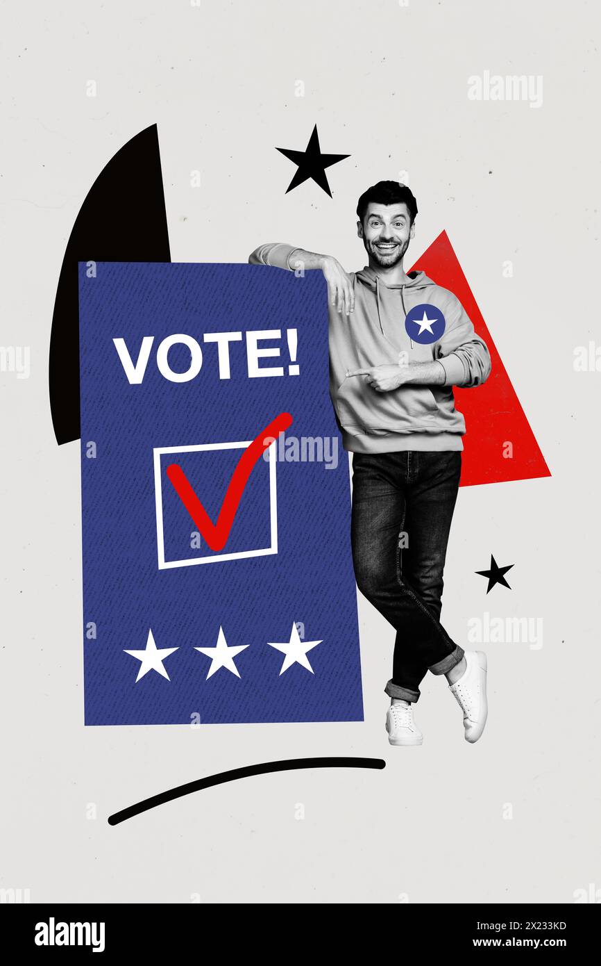 Vertical collage picture standing young man showing finger pointing ...