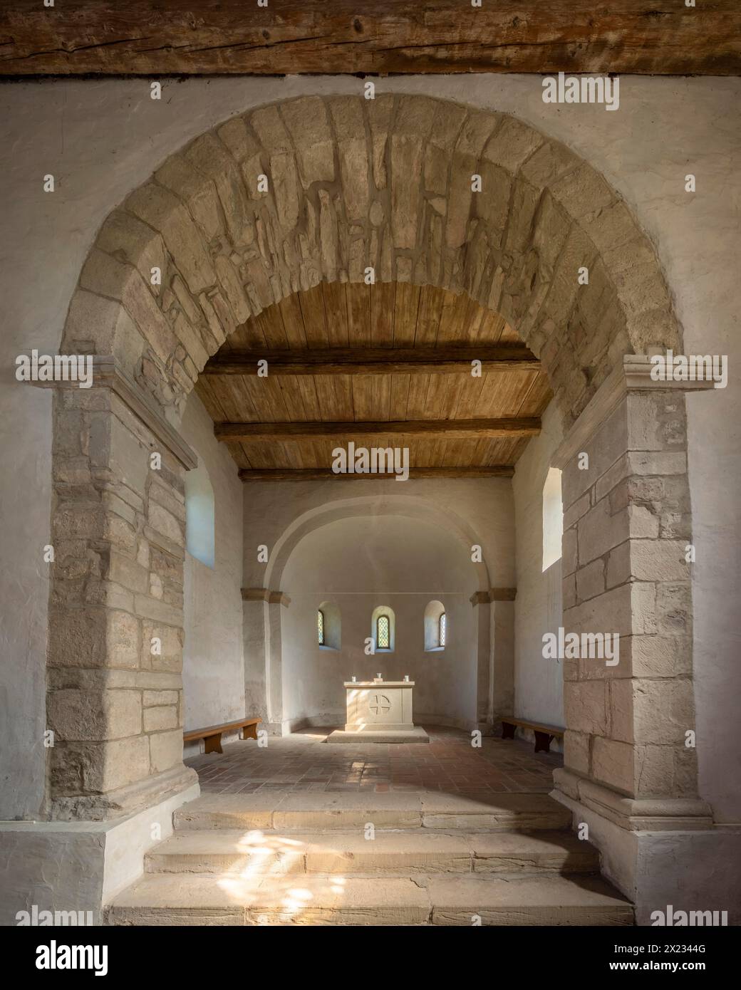 The Romanesque village church of Waldau, apse and altar, Bernburg ...
