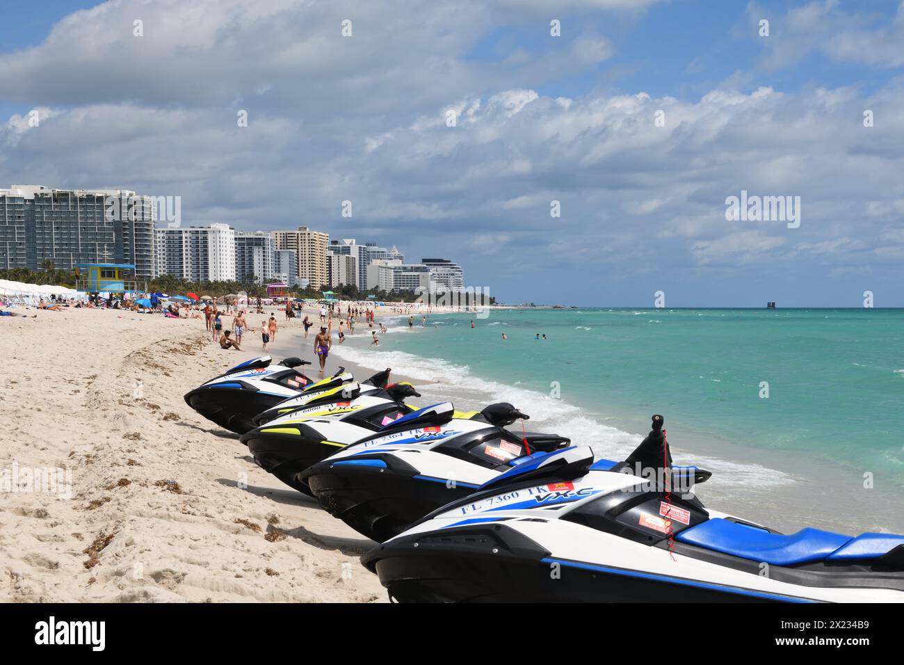 Rental jet skis line the beach in Miami, Florida, USA Stock Photo - Alamy