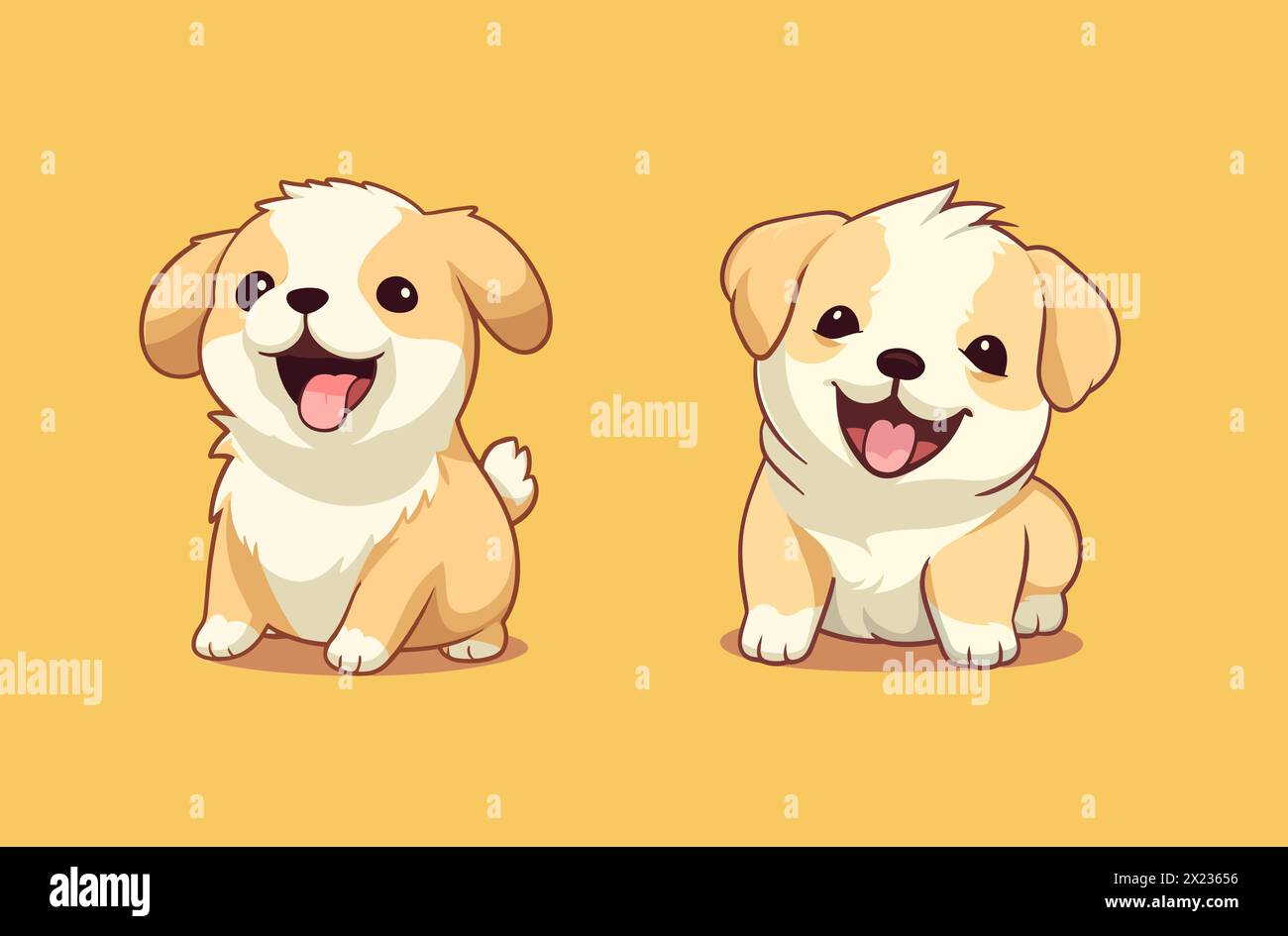 illustration set of chibi cute spotted puppy character on yellow ...