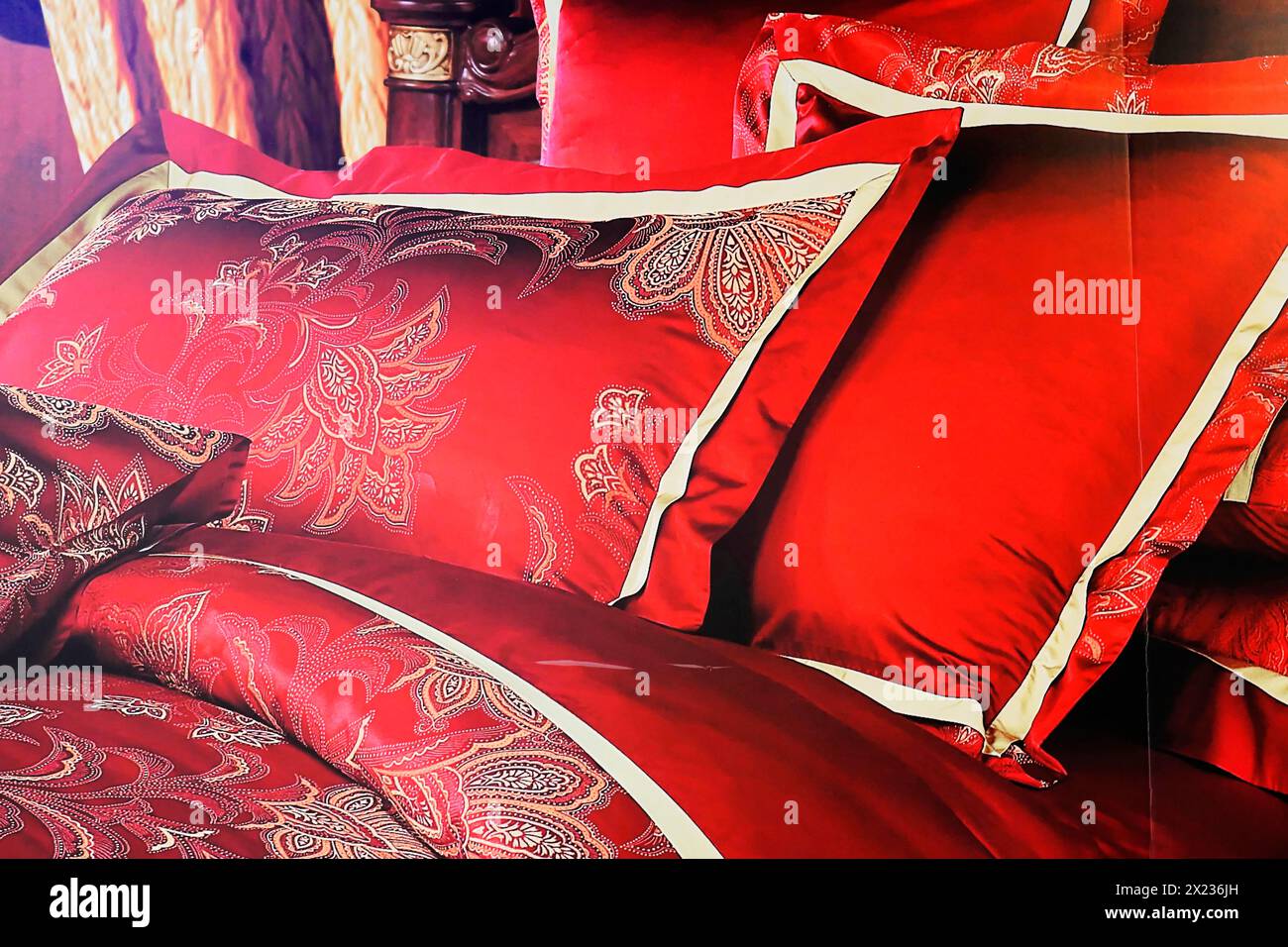 Silk factory Shanghai, Red satin cushions with golden embroidery on a ...