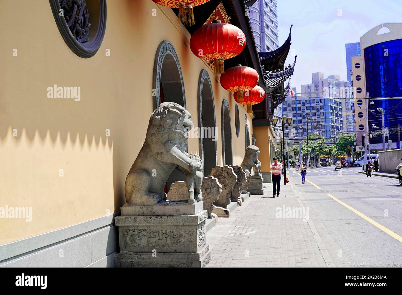 Jade Buddha Temple, Shanghai, street view of a temple facade with ...