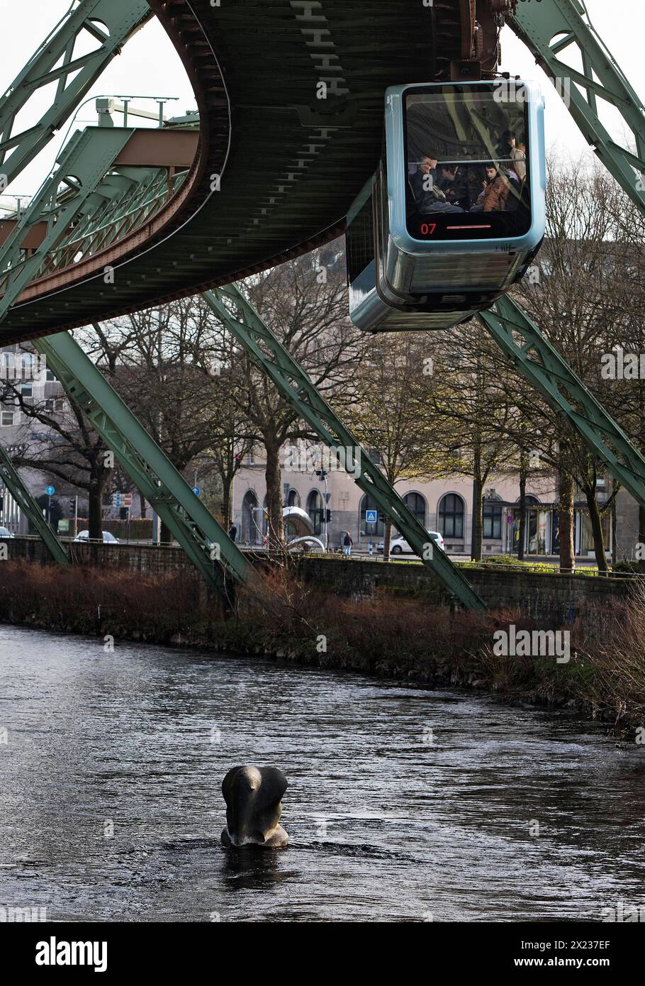 Suspension railway and sculpture by Bernd Bergkemper in the river ...
