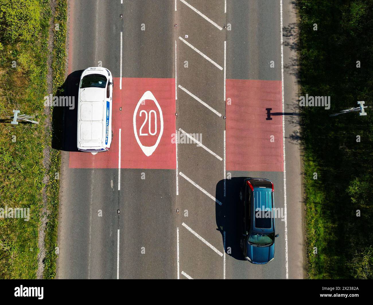 Pontypridd, Wales - 18 April 2024: Drone view of cars on the Church Village bypass passing road ...