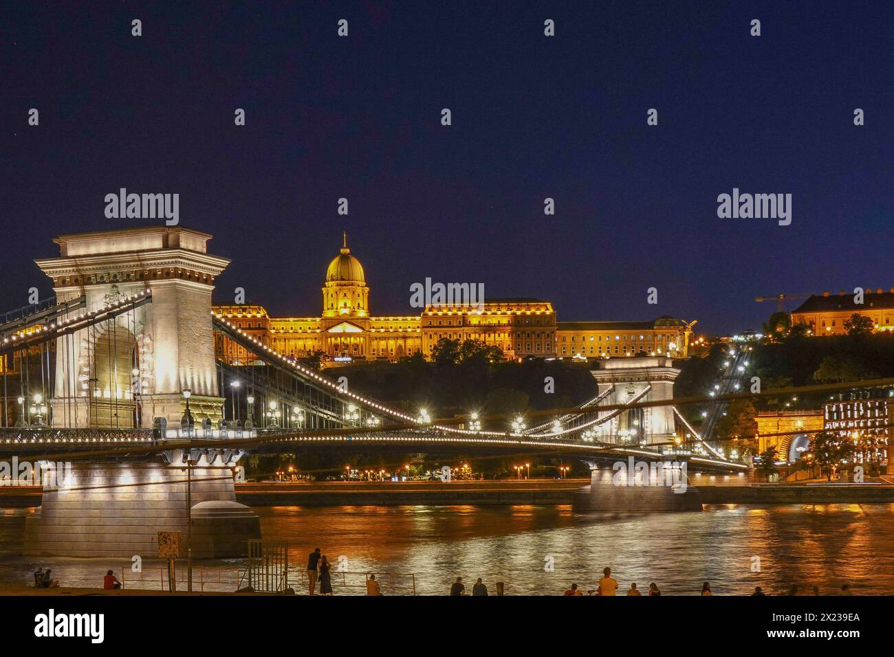 Hungary, Budapest, the illuminated Szechenyi Chain Bridge and ...