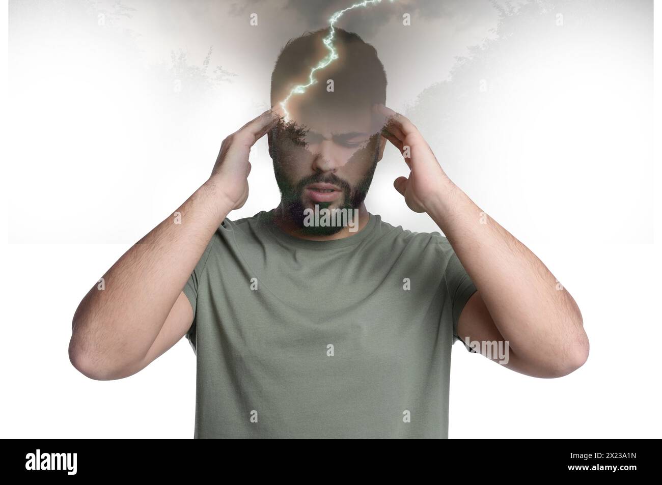 Headache. Double exposure of man and lightning on white background ...