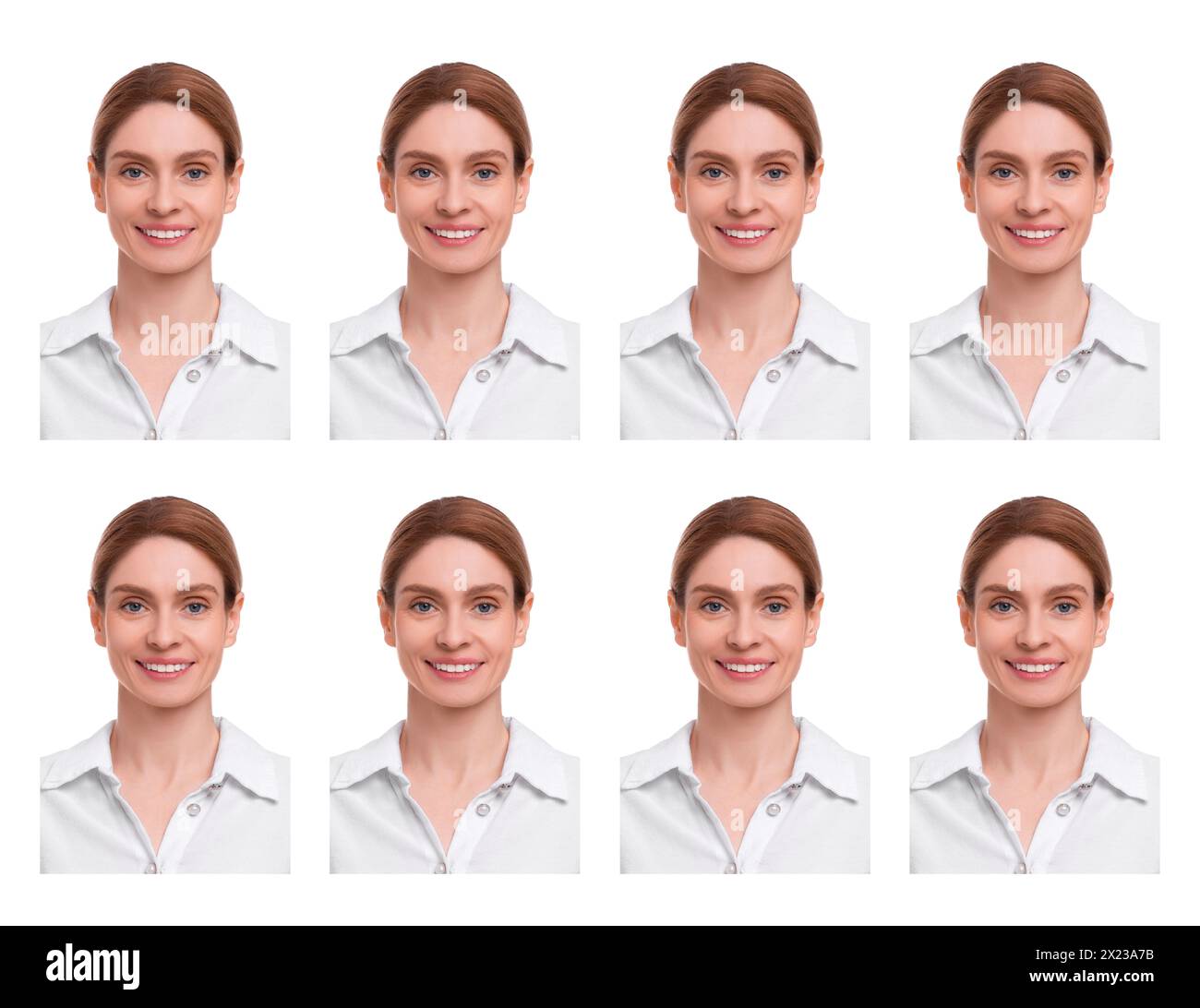 Passport photo, collage. Woman on white background, set of photos Stock ...