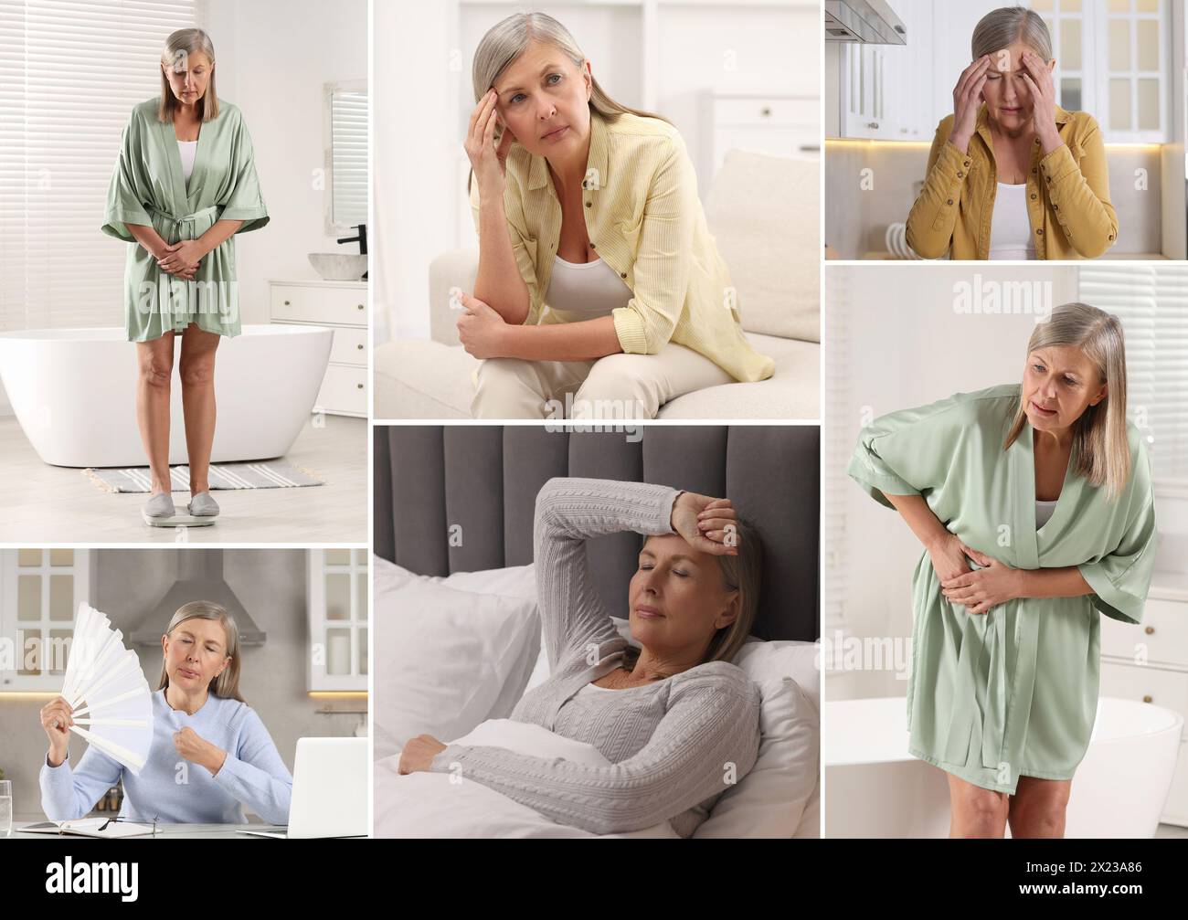 Menopause, collage with photos of woman suffering from different ...