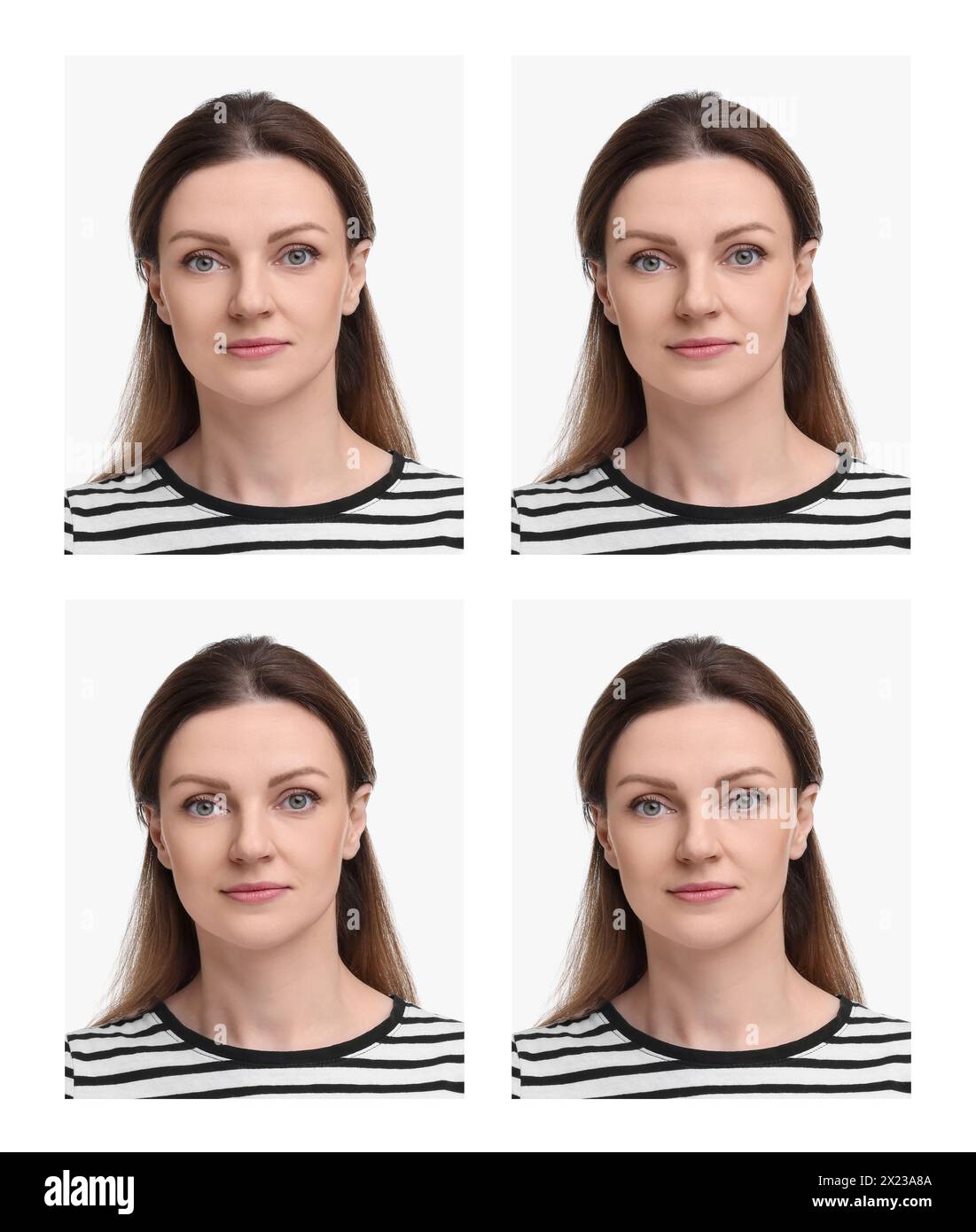 Passport photo, collage. Woman on white background, set of photos Stock ...