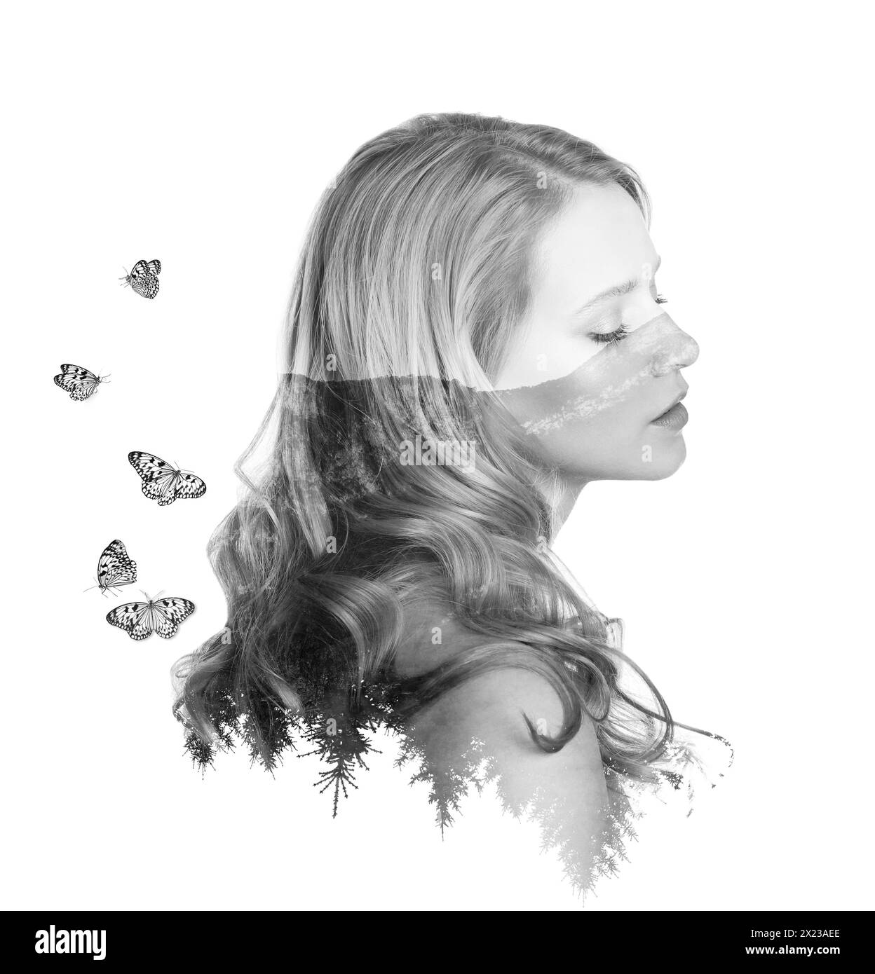 Double exposure of beautiful woman and natural scenery on white ...