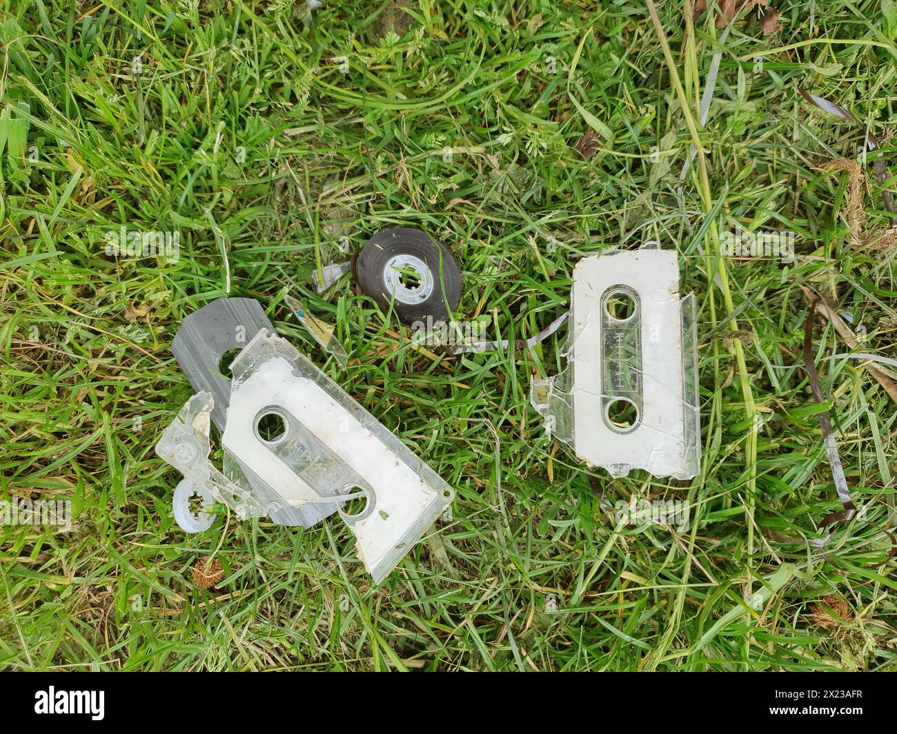 Vintage Broken Tape Cassette In The Grass Top View Stock Photo - Alamy