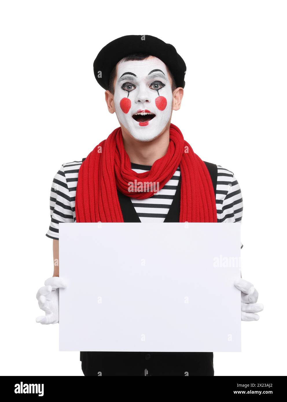 Funny mime artist with blank sign on white background Stock Photo - Alamy