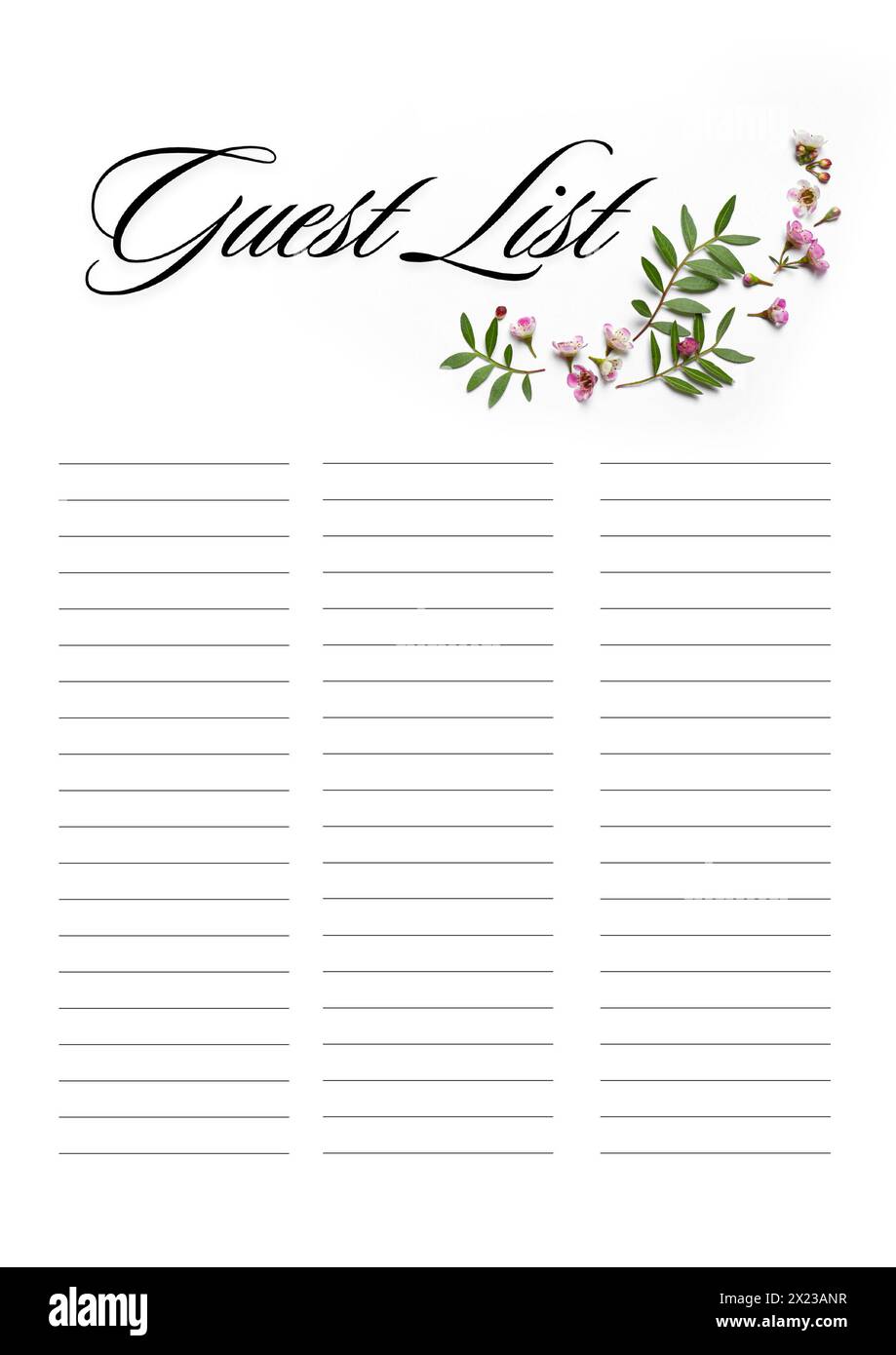 Guest list design with beautiful flowers and empty lines Stock Photo ...