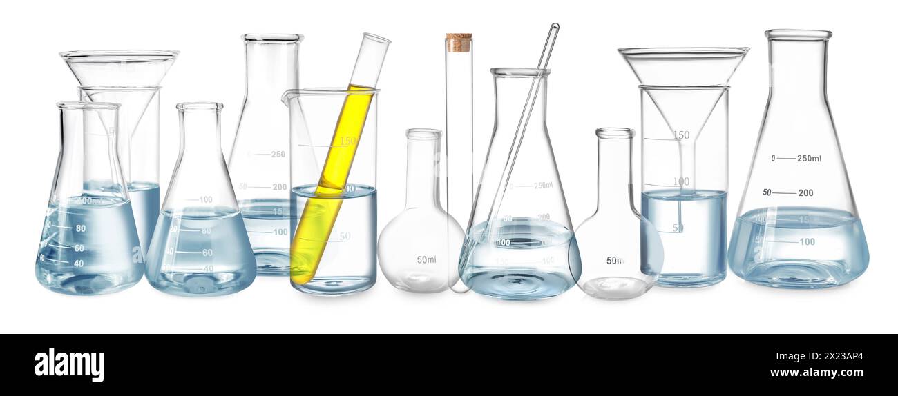Set of different laboratory glassware isolated on white Stock Photo - Alamy