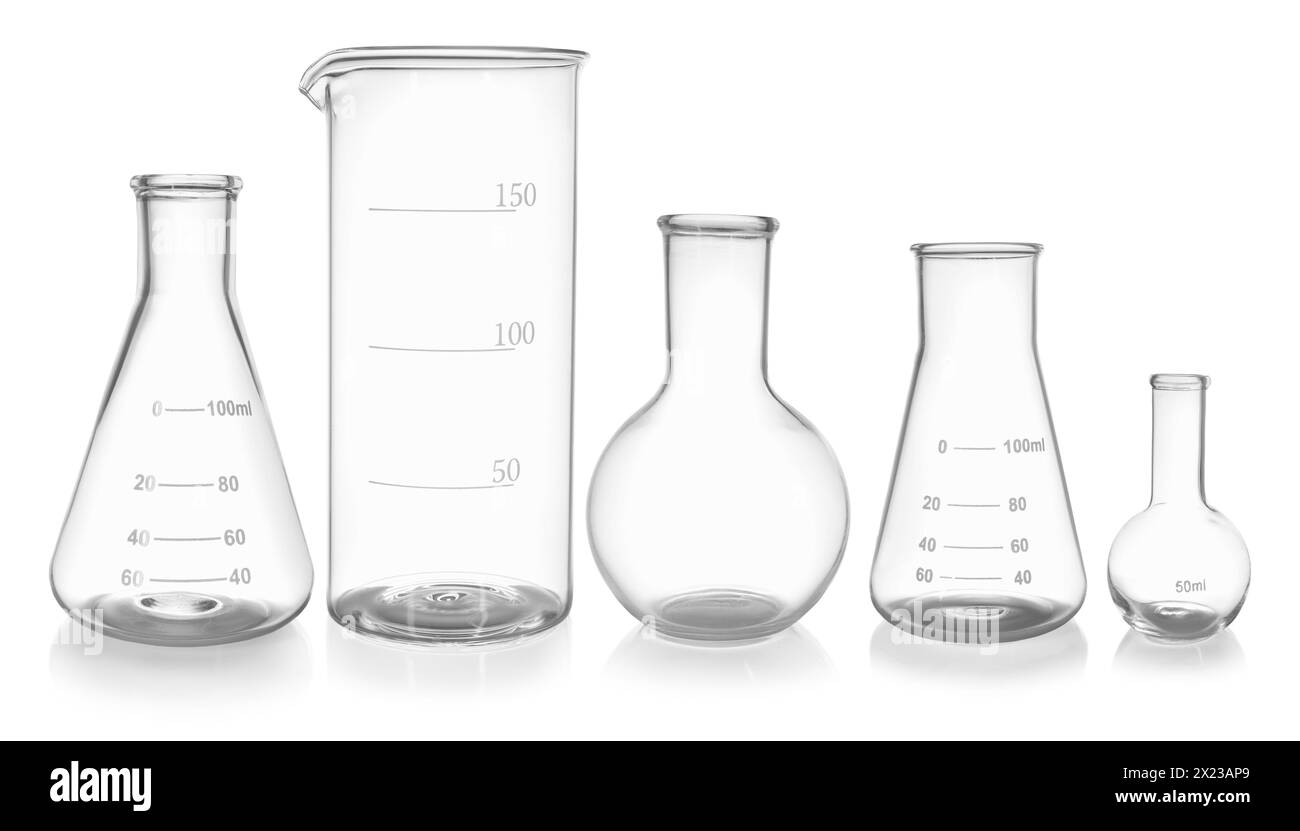 Set of different laboratory glassware isolated on white Stock Photo - Alamy