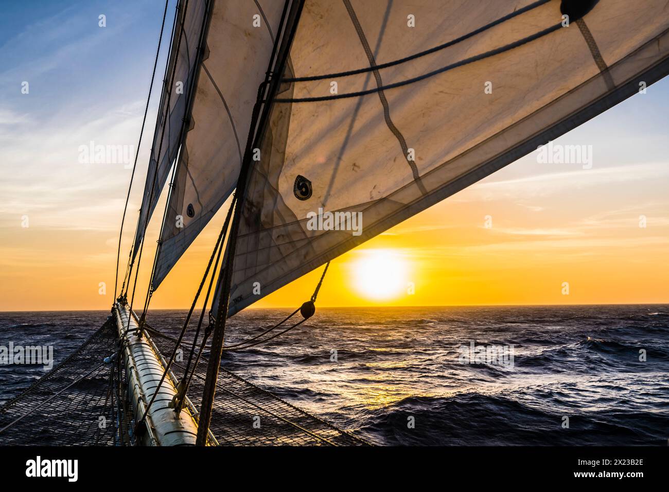 Sunset, sailing ship, Oranjestad, Aruba, Netherlands, Lesser Antilles ...