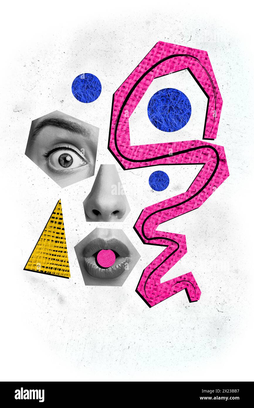 Vertical photo collage of parts female face mouth lips blow gum ...