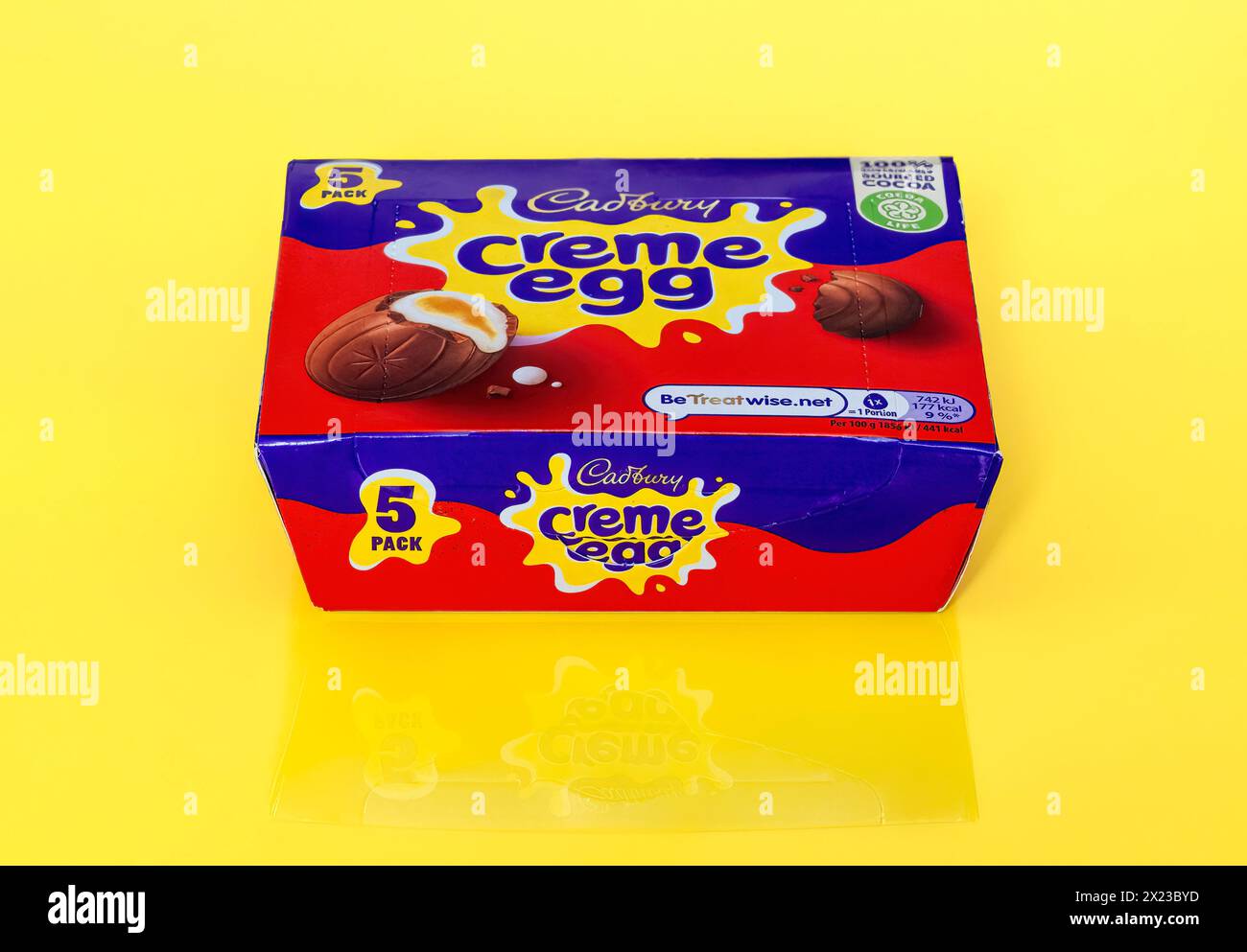 Box of Cadbury Creme Eggs on yellow background with partial reflection ...